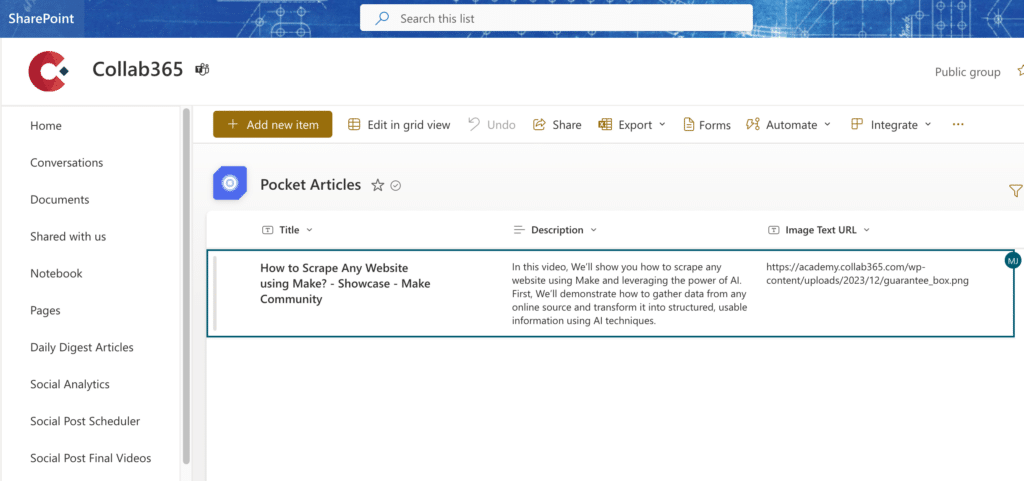 How to automatically bookmark and sync Internet Articles to a SharePoint List (with a single ...